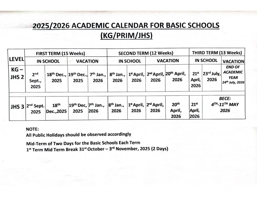 GES Releases 2025/2026 Academic Calendar for Basic Schools — See Full ...